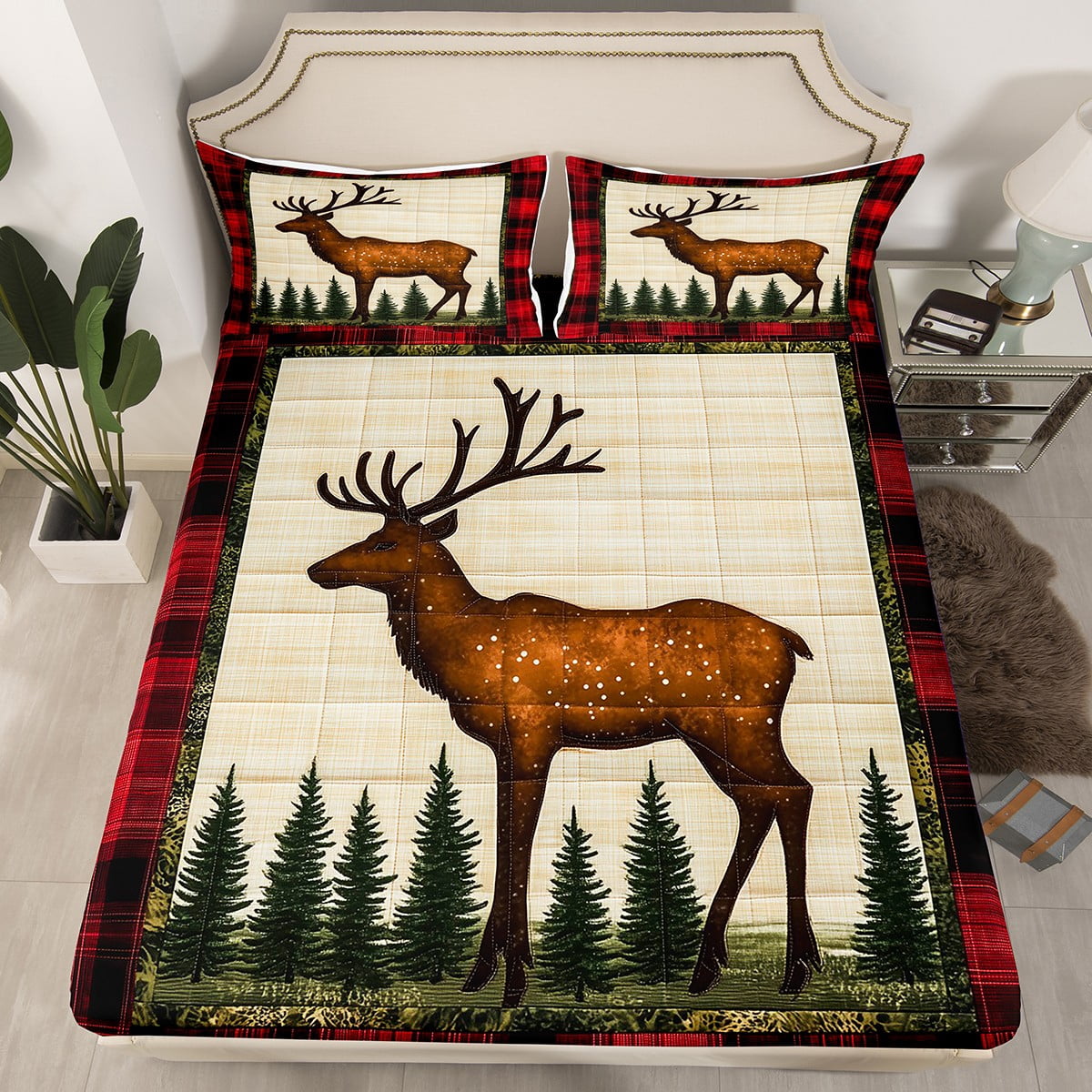 Deer Twin Bed Sheets Red And Black Decor Bedding Set Buffalo Plaid ...