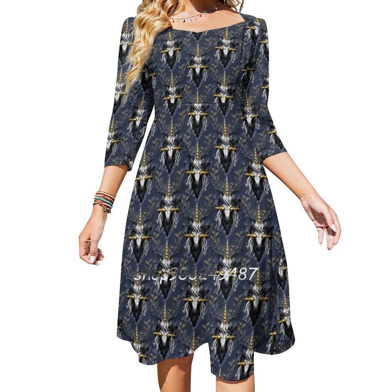 Deer Unicorn Flare Dress Square Neck Dress Elegant Female Fashion ...