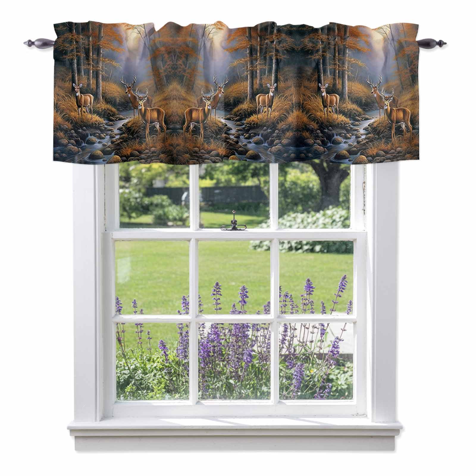 Deer in Valances for Windows, Sunset Forest with Stream and Trees ...