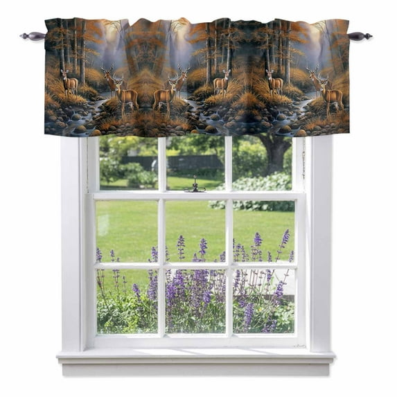 Deer in Valances for Windows, Sunset Forest with Stream and Trees ...