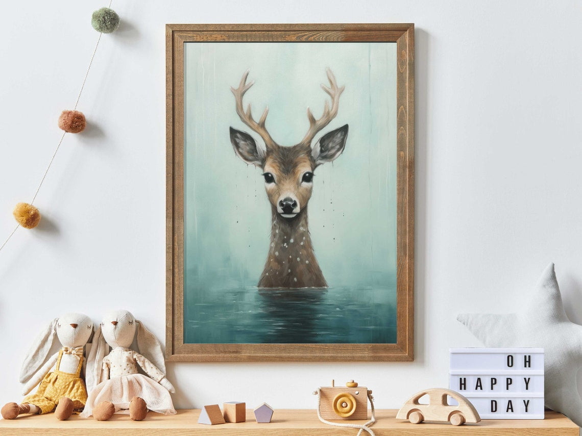 Deer Wall Art, Animals Bathing, Deer Nursery Decor, Woodland Forest ...