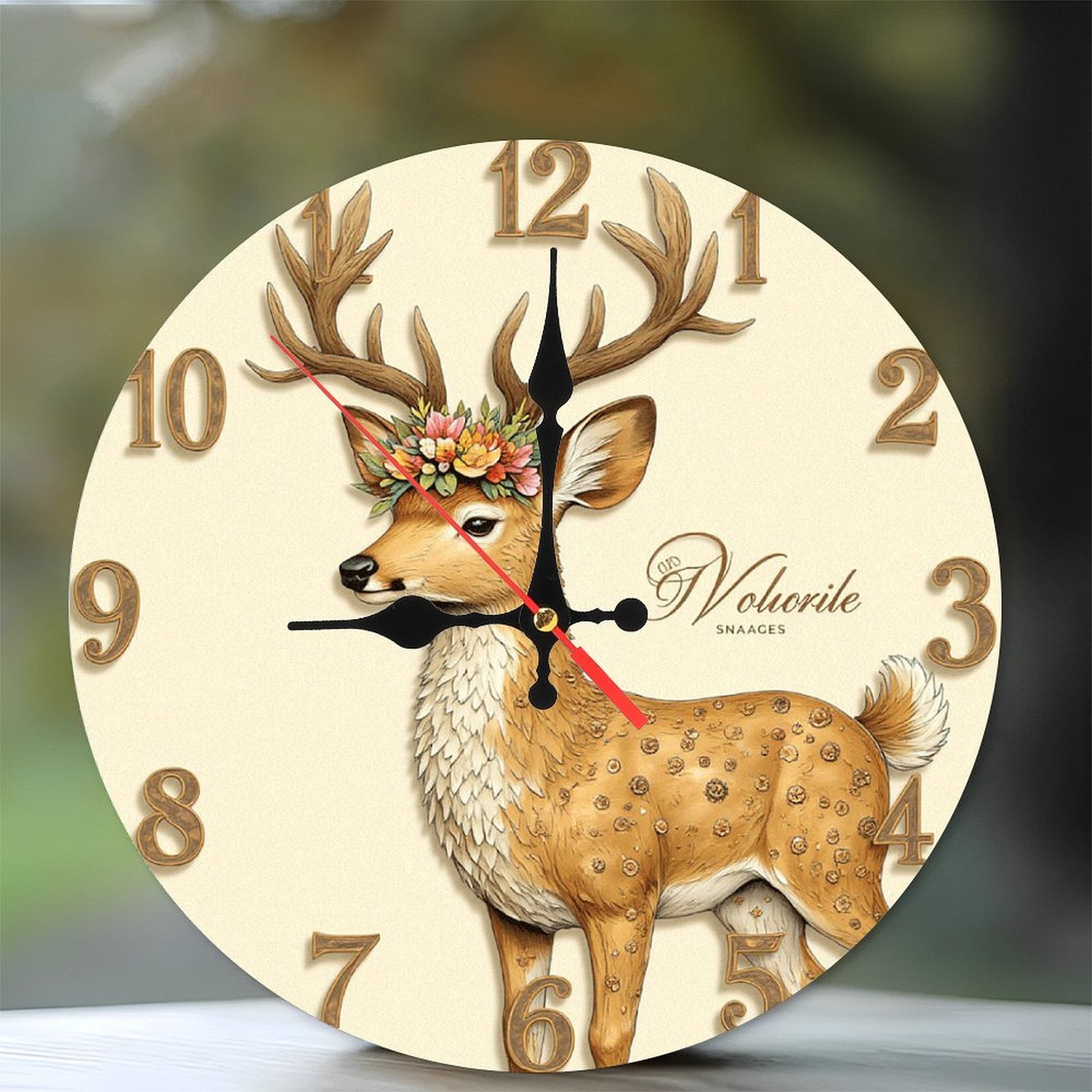 Deer Wall Clock with Floral Decoration for Home 10-Inch Silent Wooden ...