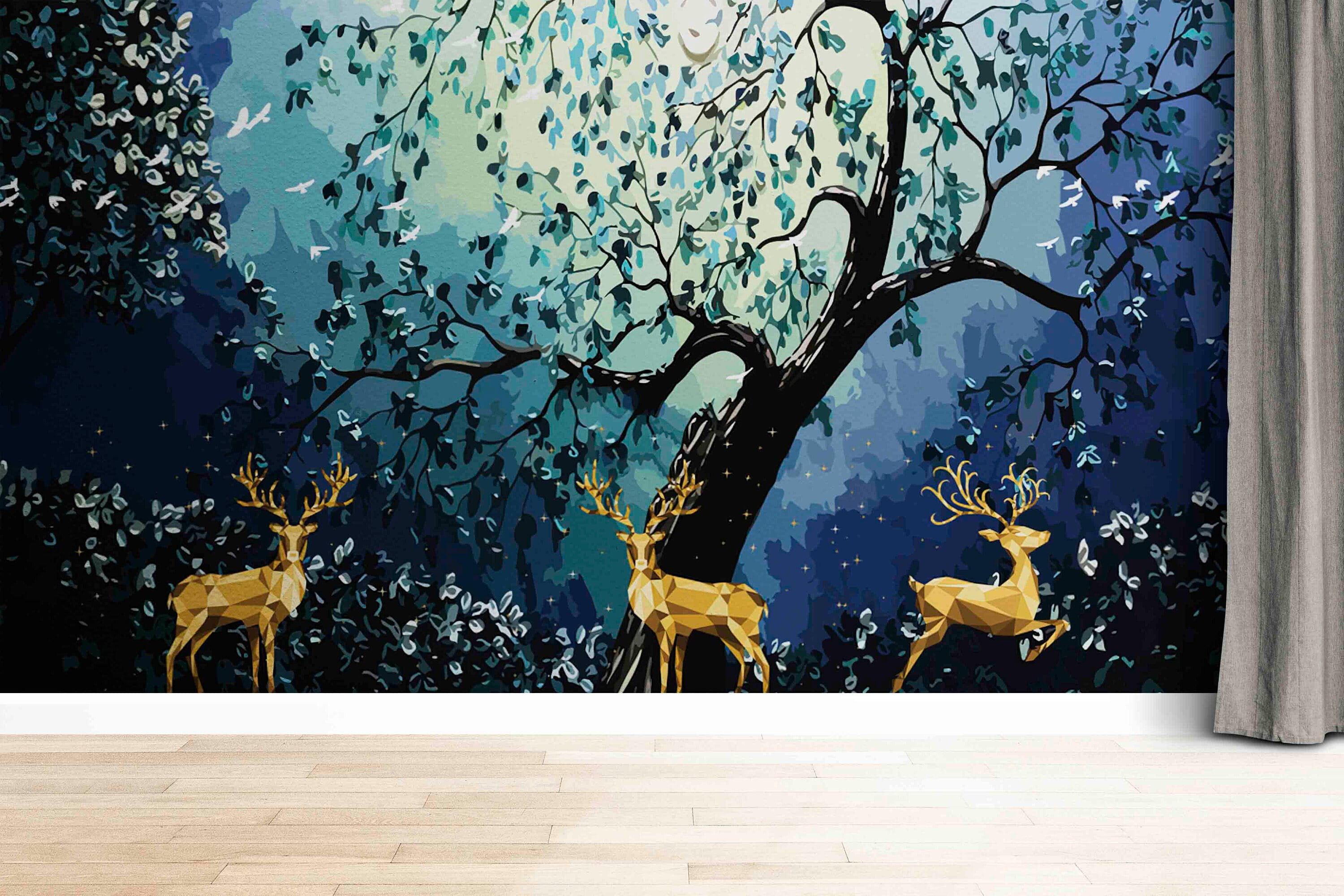 Deer Wall Painting, Bright Wallpaper, Modern Wallpaper, Forest Wall Art ...