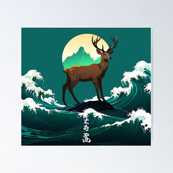 Deer Wave Art - Ukiyo-E Moonlight Design Poster Wall Art, Modern Wall ...