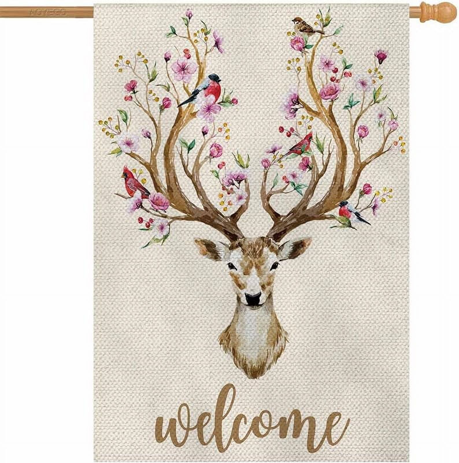 Deer Welcome House Flags 28 x 40 Double Sided Burlap Watercolor Deer ...