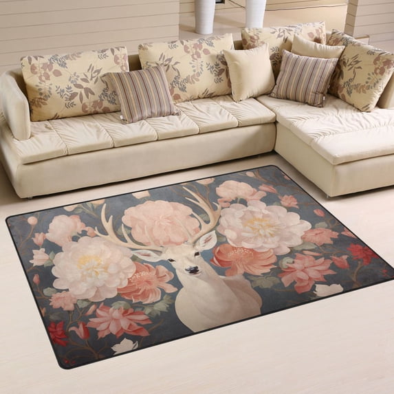 Deer White Flowers Area Rug Washable Floor Carpet Mat 60 x 39 inch for ...
