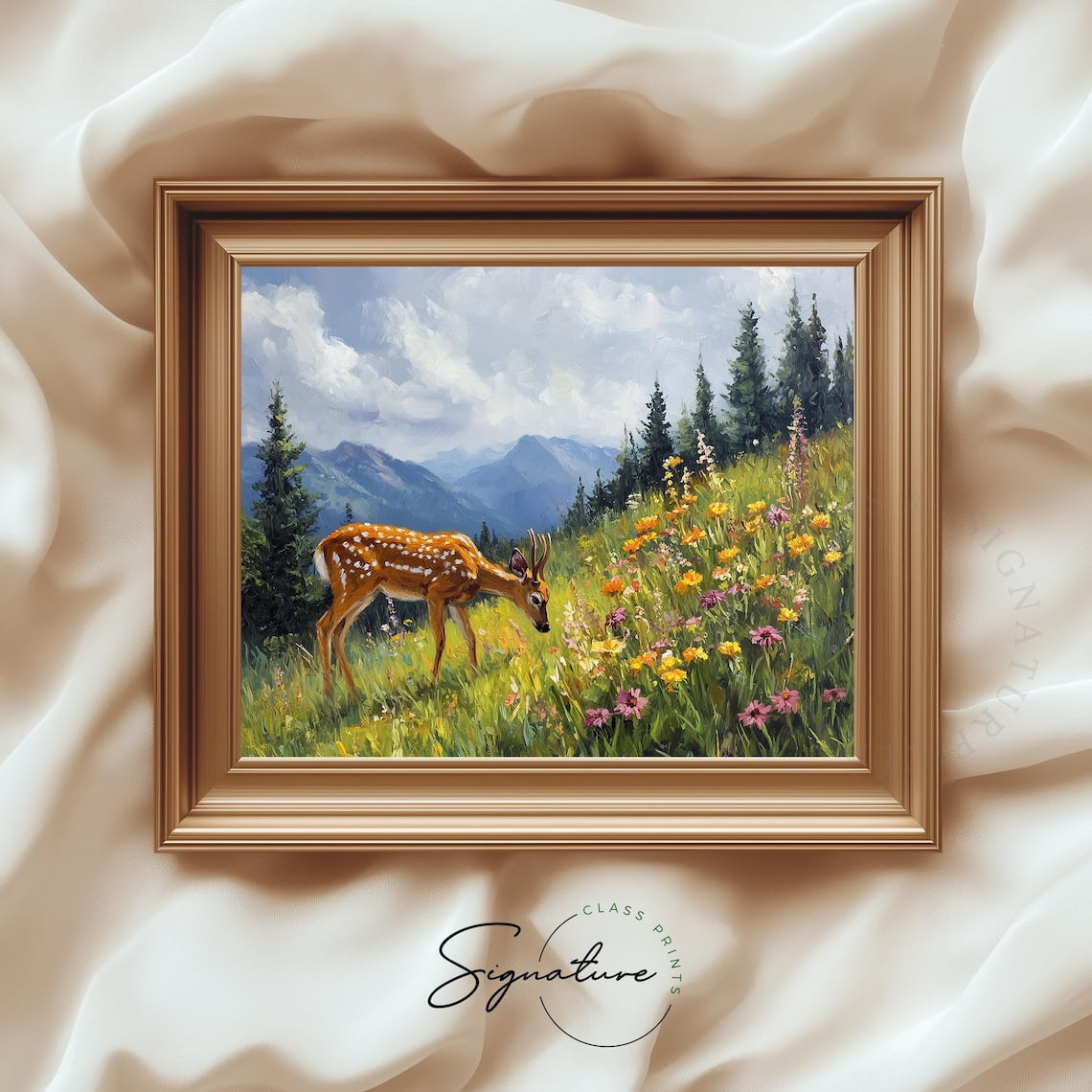 Deer In Wildflower Meadow Wall Art, Rustic Animal, Cottagecore Spring ...