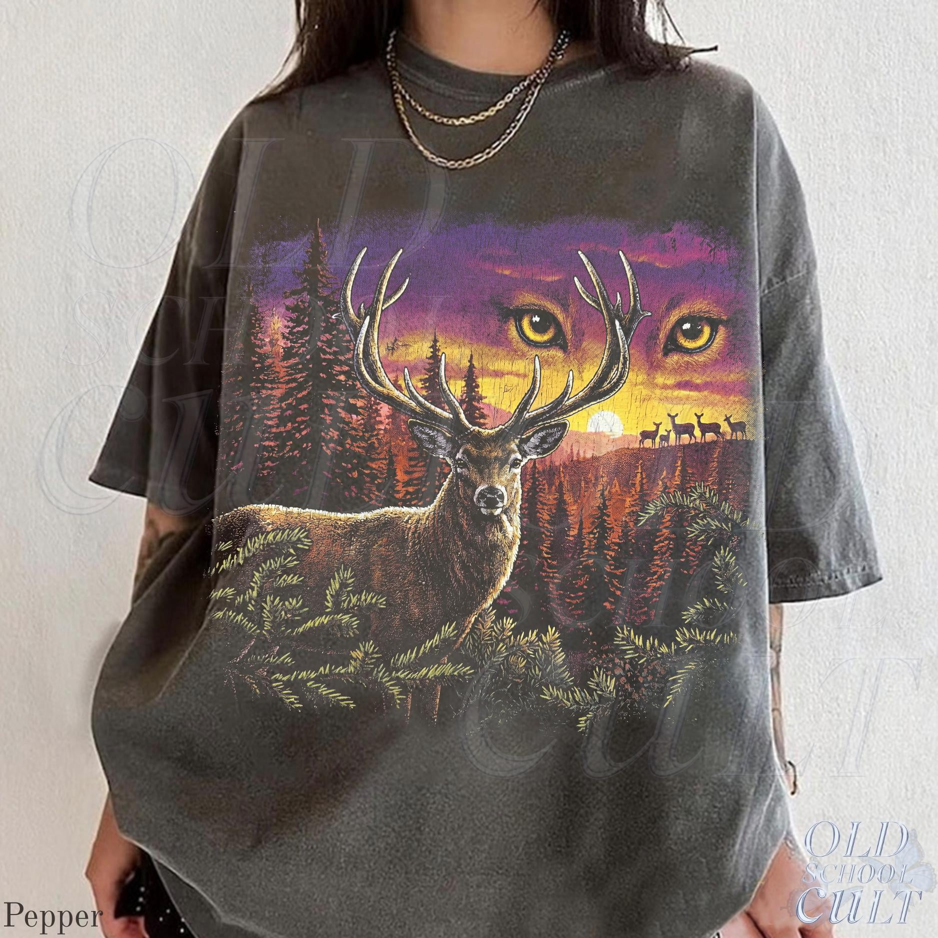 Deer Wildlife Vintage 90s Graphic T Shirt, Retro Forest Moon Sunset ...
