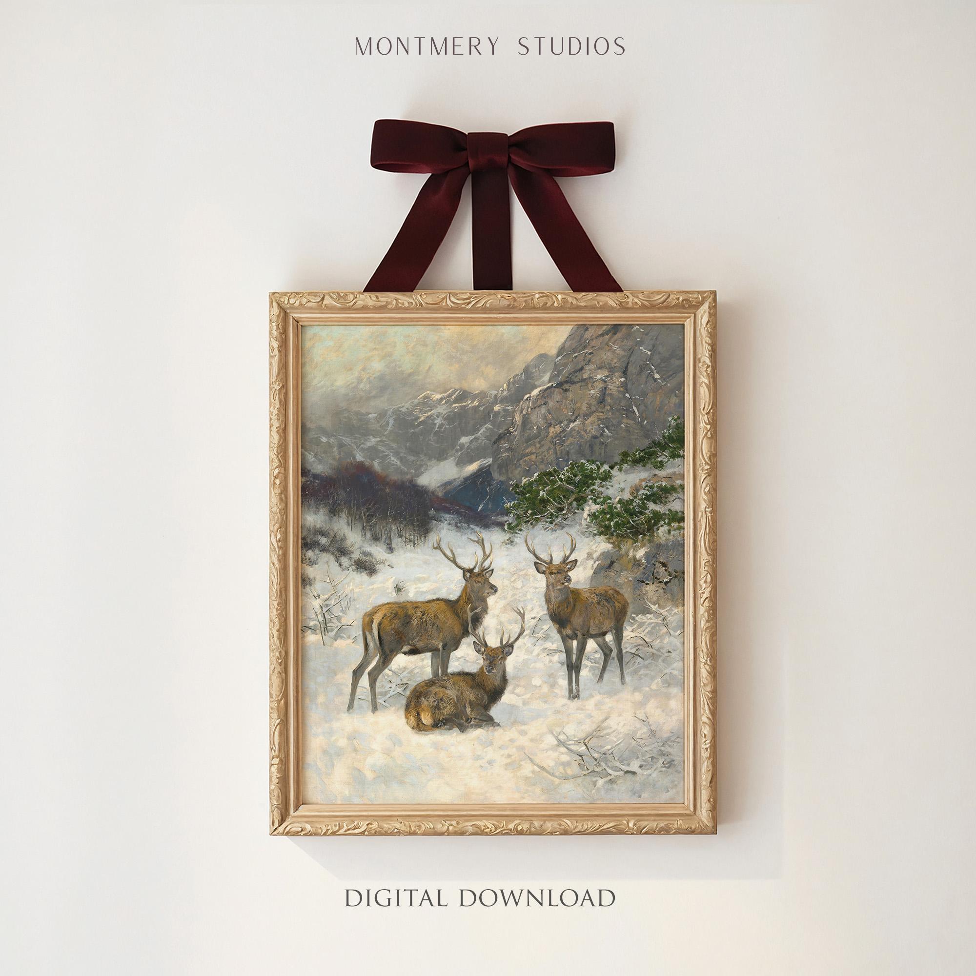 Deer In Winter Art, Deer In Snow Art Print Poster, Vintage Winter Snowy ...