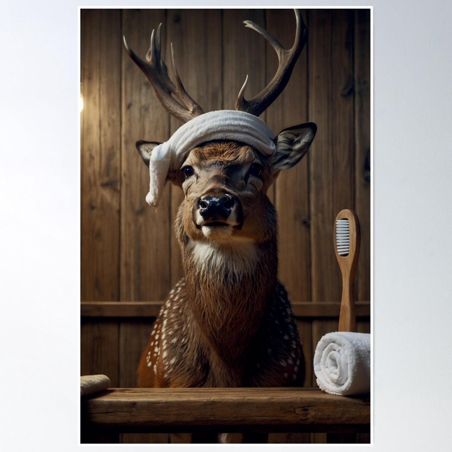 Deer With Towel In Rustic Bathroom Poster Wall Art, Modern Wall Decor ...