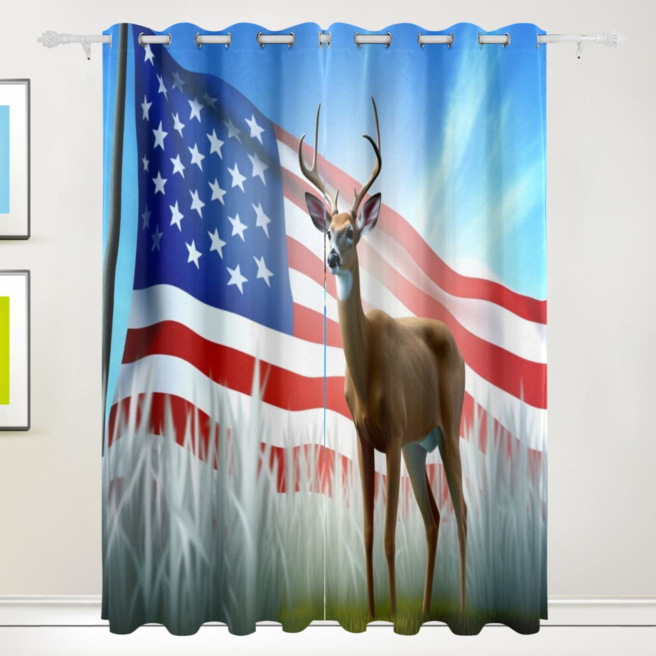 Deer and American Flag Blackout Curtains 2 Panels Set Grommet Drapes for Bedroom Living Room ...
