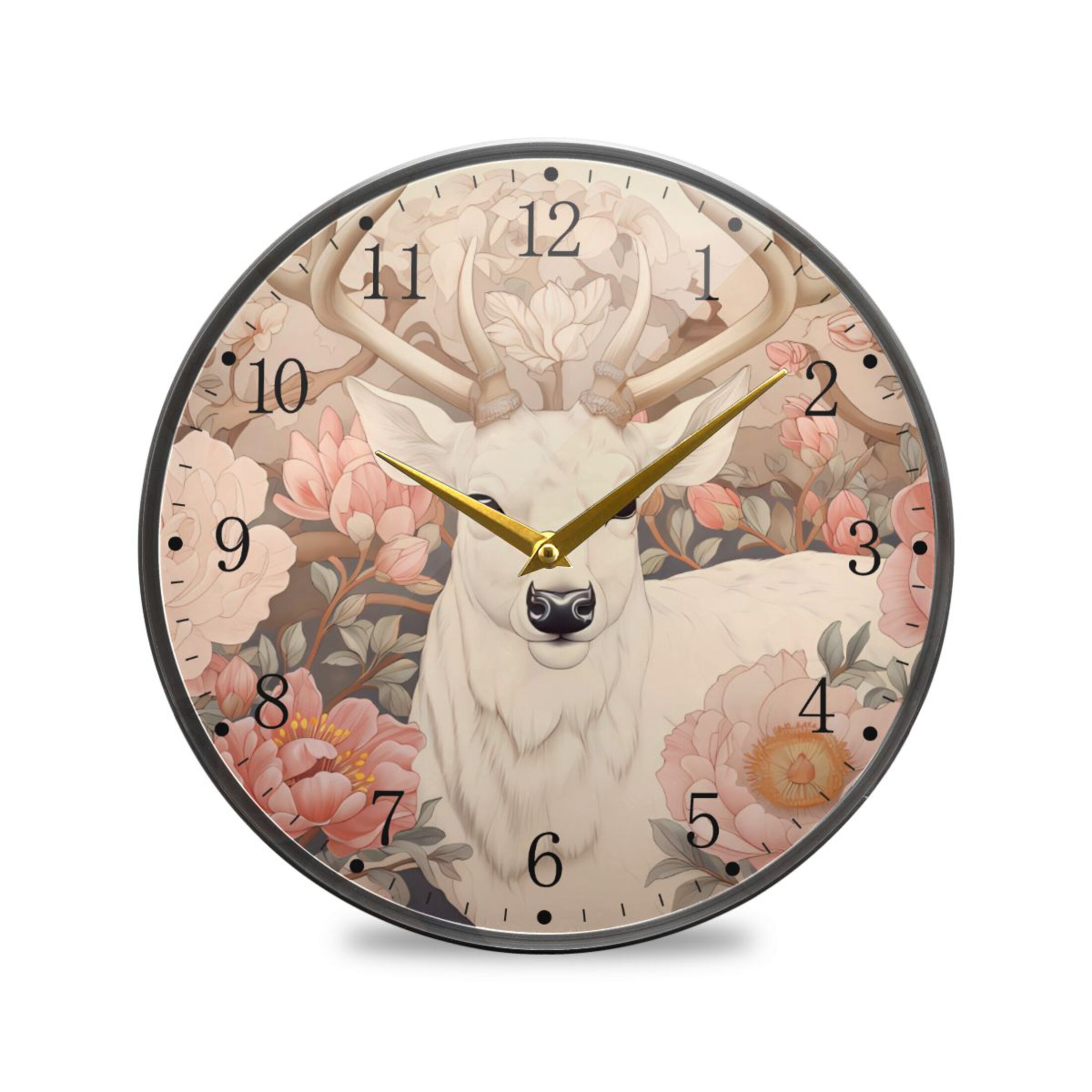 Deer and Flowers Acrylic Wall Clocks Quiet Round Clock Battery Operated ...