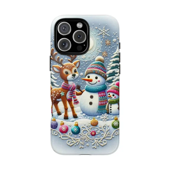 Deer and Snowman Winter Family Scene iPhone Case 17 11 12 13 14 15 16 ...