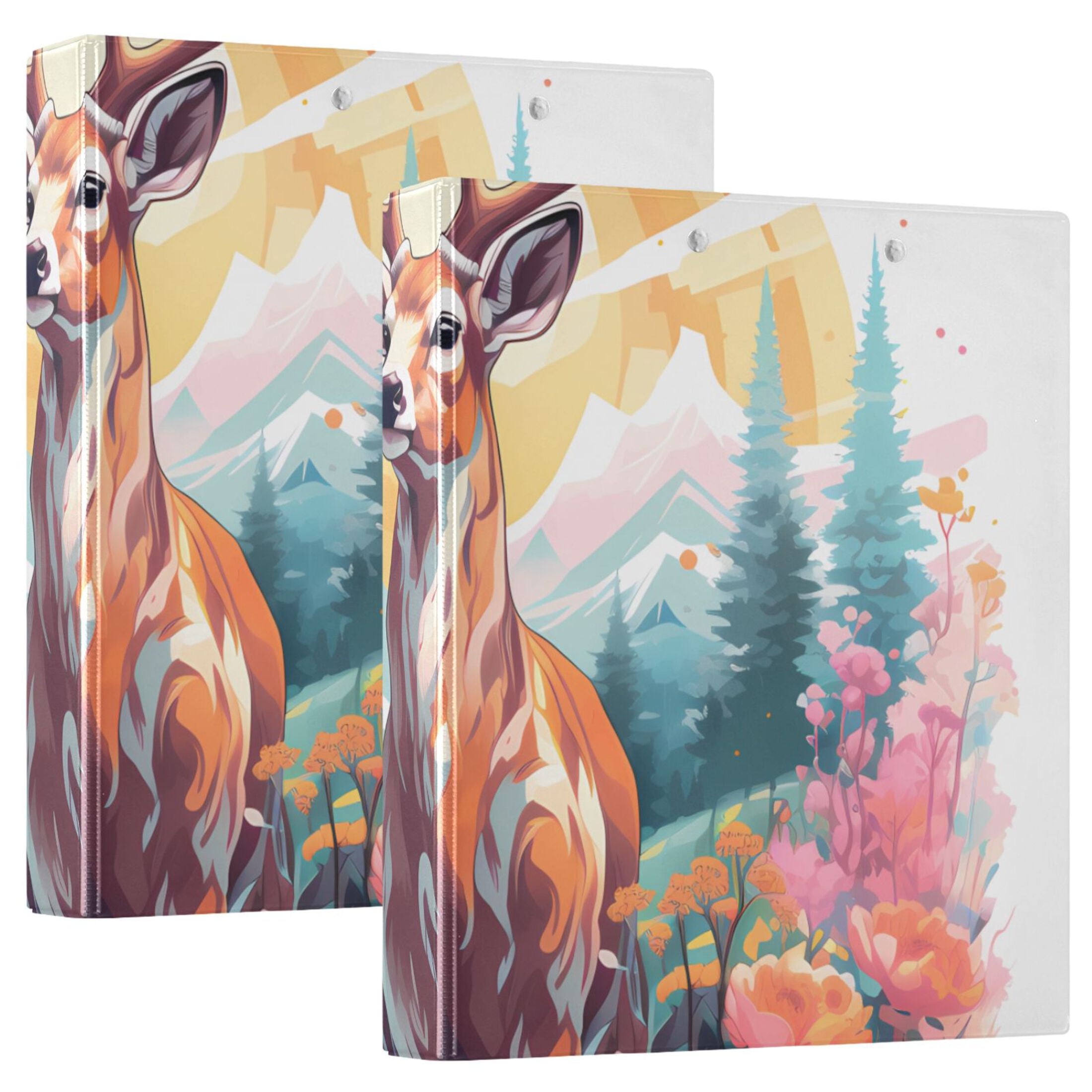 Deer and Trees Flowers Mountains 3 Ring Binders 1.5 inch Hardcover File Folders with Interior ...