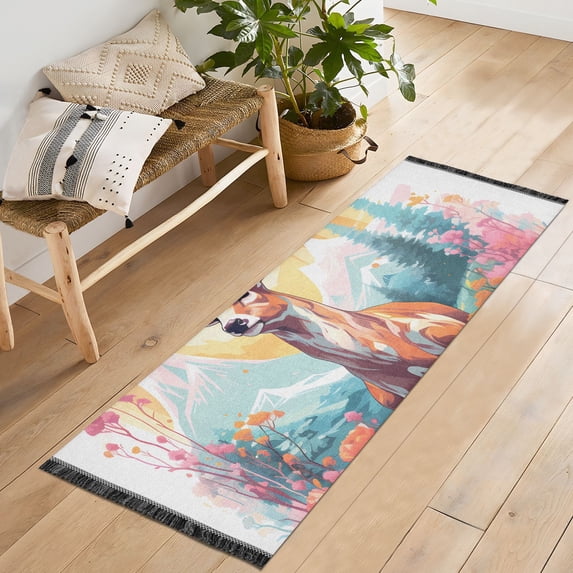 Deer and Trees Flowers Mountains Runner Rug Machine Washable Area Rugs ...