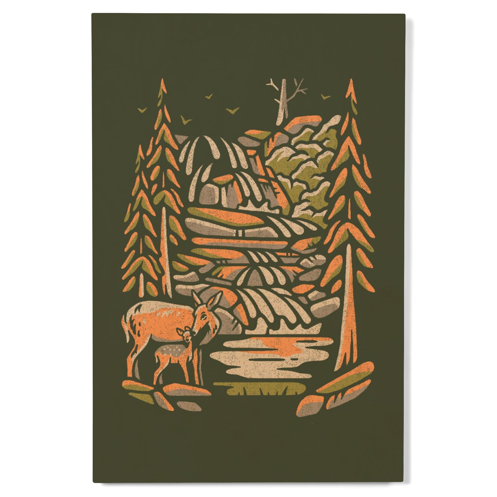 Deer and Waterfall, Distressed Vector Birch Wood Wall Sign (12x18 ...