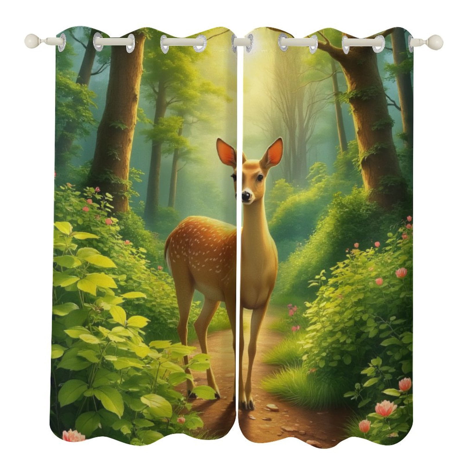 Deer in Forest Pathway 2 Panels Curtains for Bedroom Living Room Drapes ...