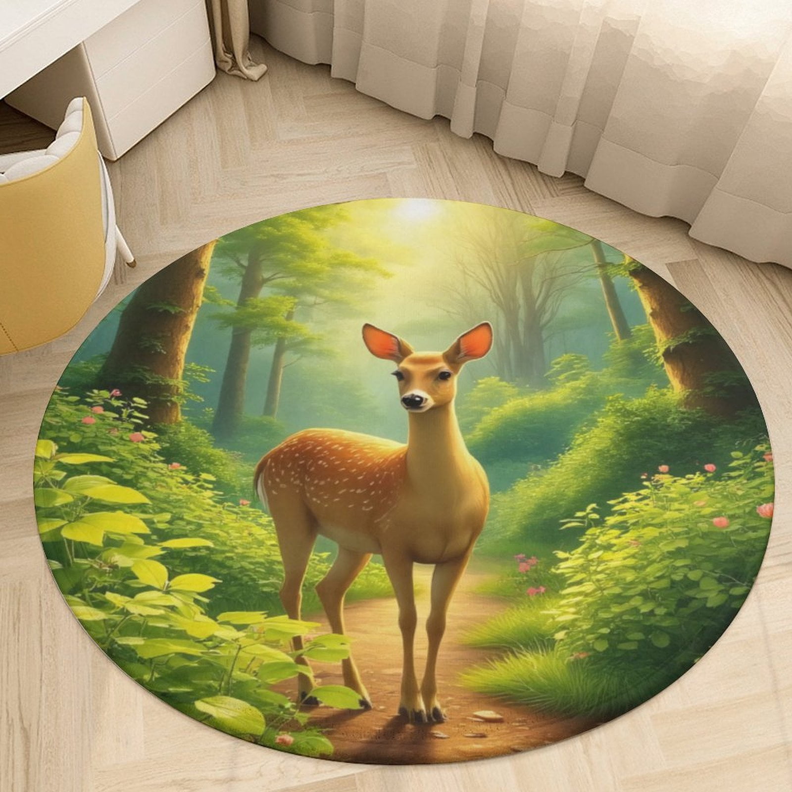 Deer in Forest Pathway Round Area Rugs for Bedroom Living Room, 4FT ...