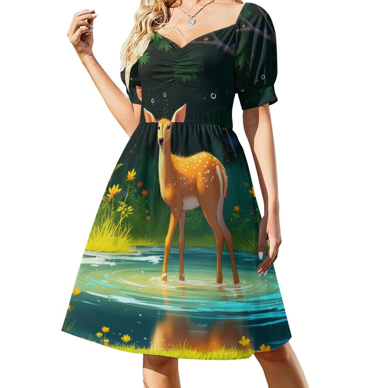 Deer in Forest Pond Summer Women's Dress 2025 Elegant Dresses Plus ...