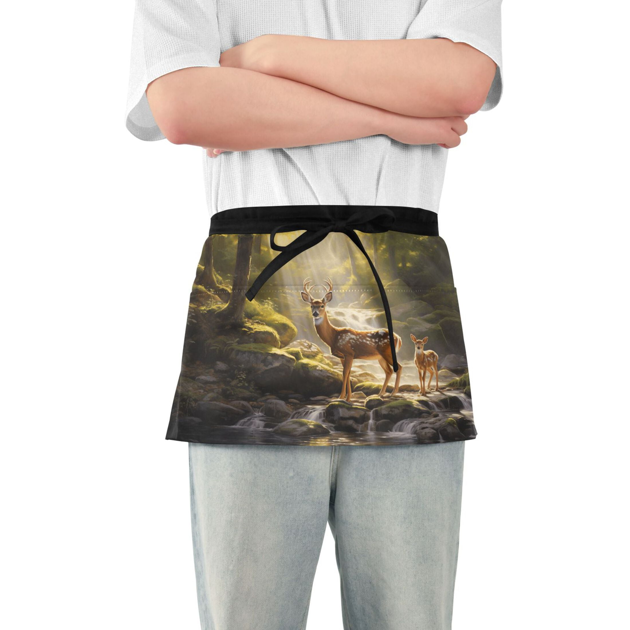 Deer in Forest Server Apron with 3 Pockets Waterproof Waitress Waist ...