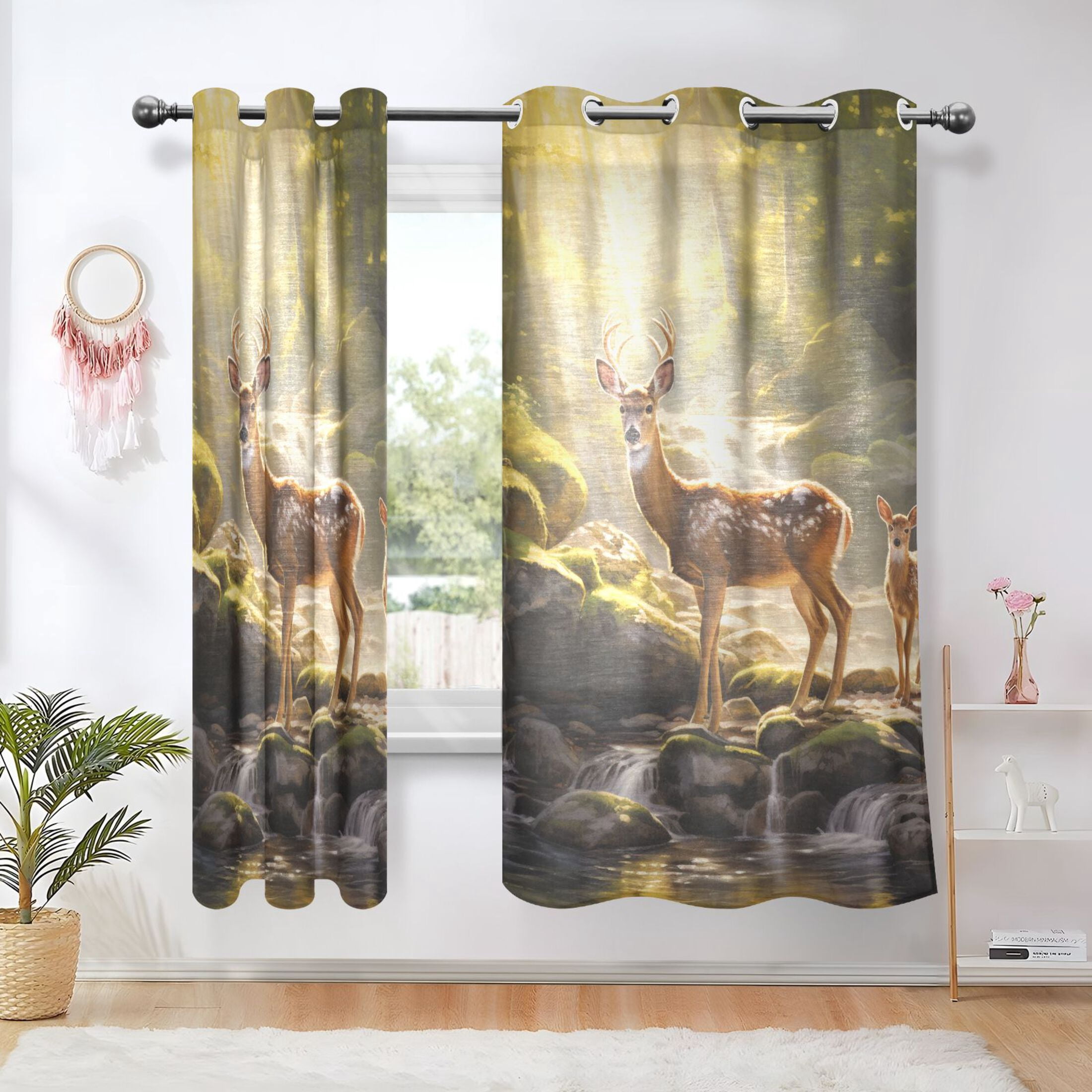 Deer in Forest Sheer Curtains 2 Panels Set Grommet Drapes for Bedroom ...