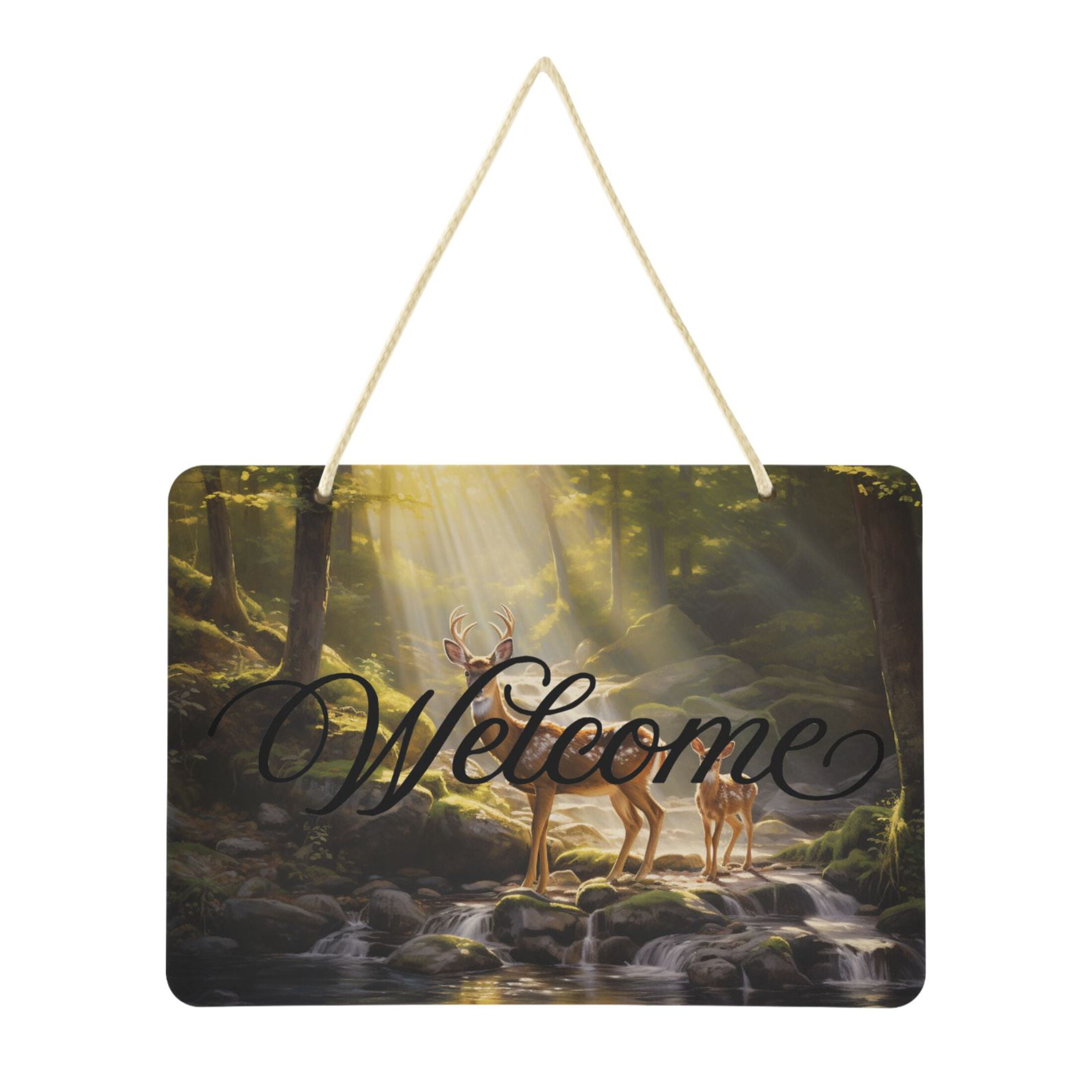 Deer in Forest Welcome Sign Front Door PVC 14x10 inch Hanger Hello Sign ...