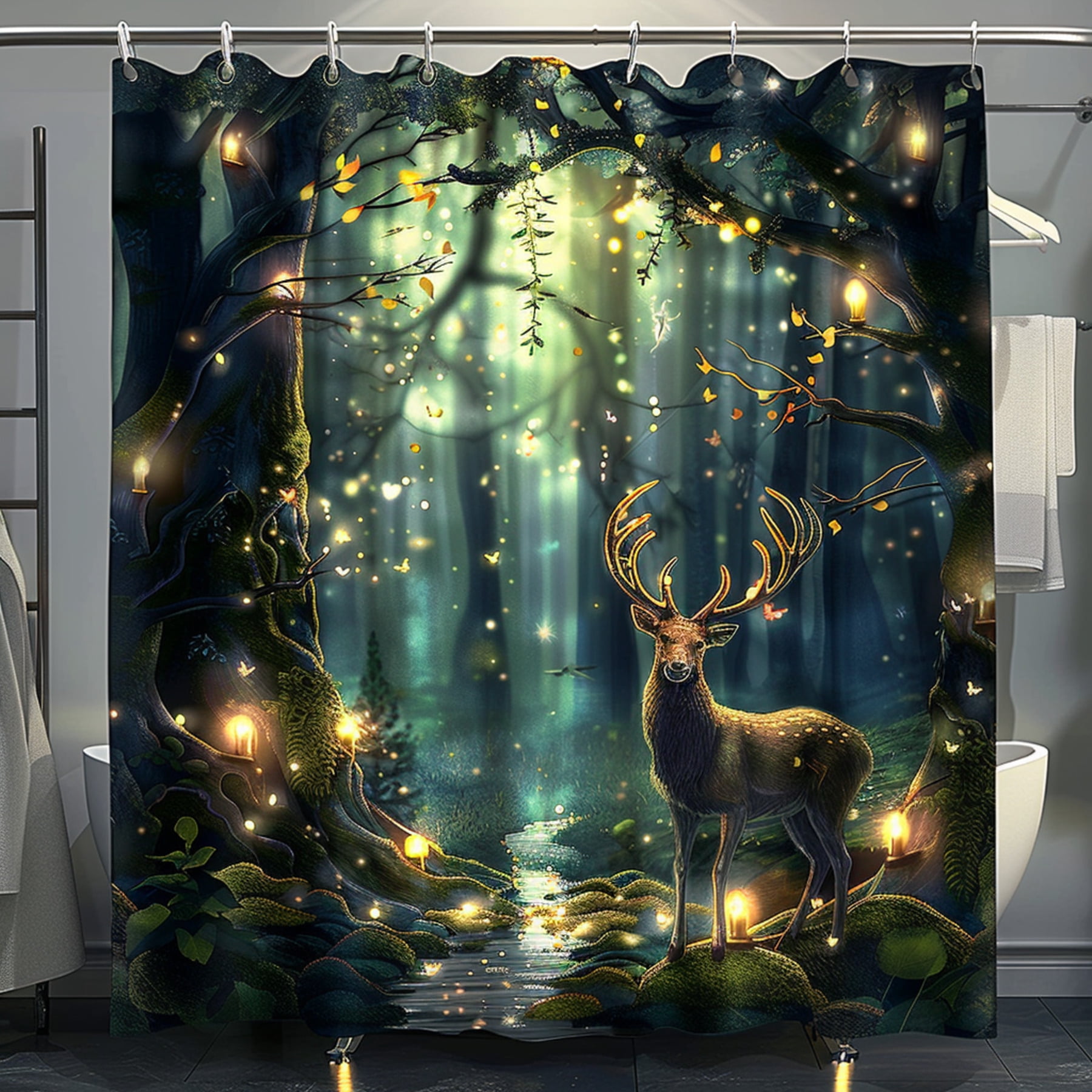 Deer in Magical Forest Shower Curtain with Glowing Trees and Fireflies ...
