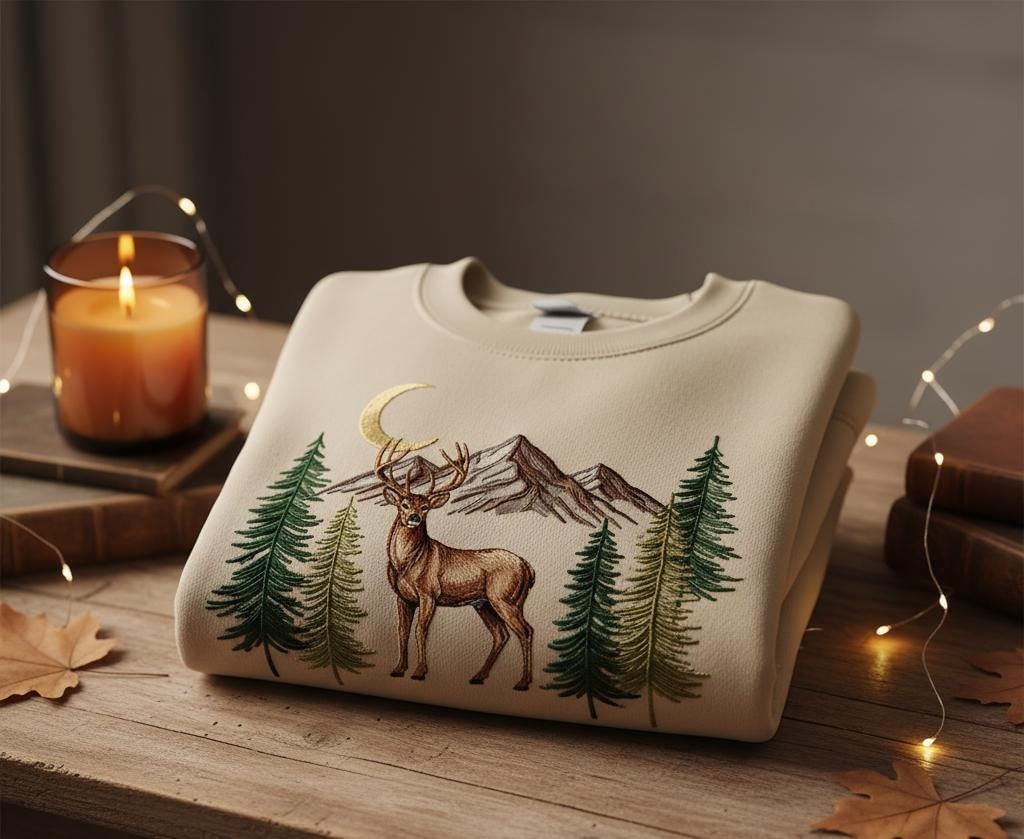 Deer in Mountain Forest Embroidered Sweatshirt – Cozy Woodland Pullover ...