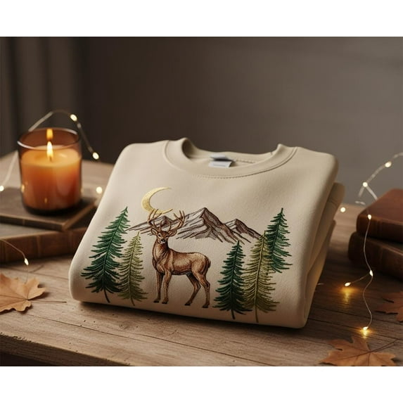 Deer in Mountain Forest Embroidered Sweatshirt – Cozy Woodland Pullover ...