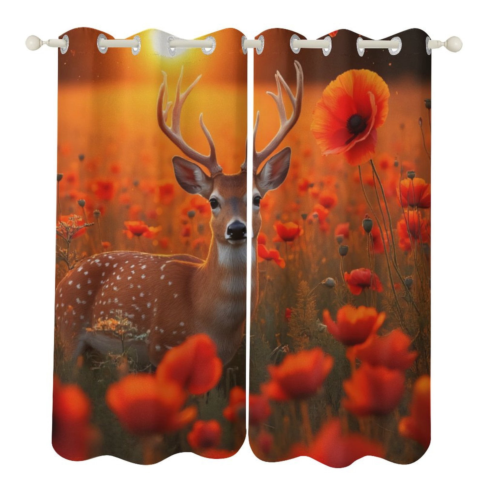 Deer in Poppy Field at Sunset 2 Panels Curtains for Bedroom Living Room ...