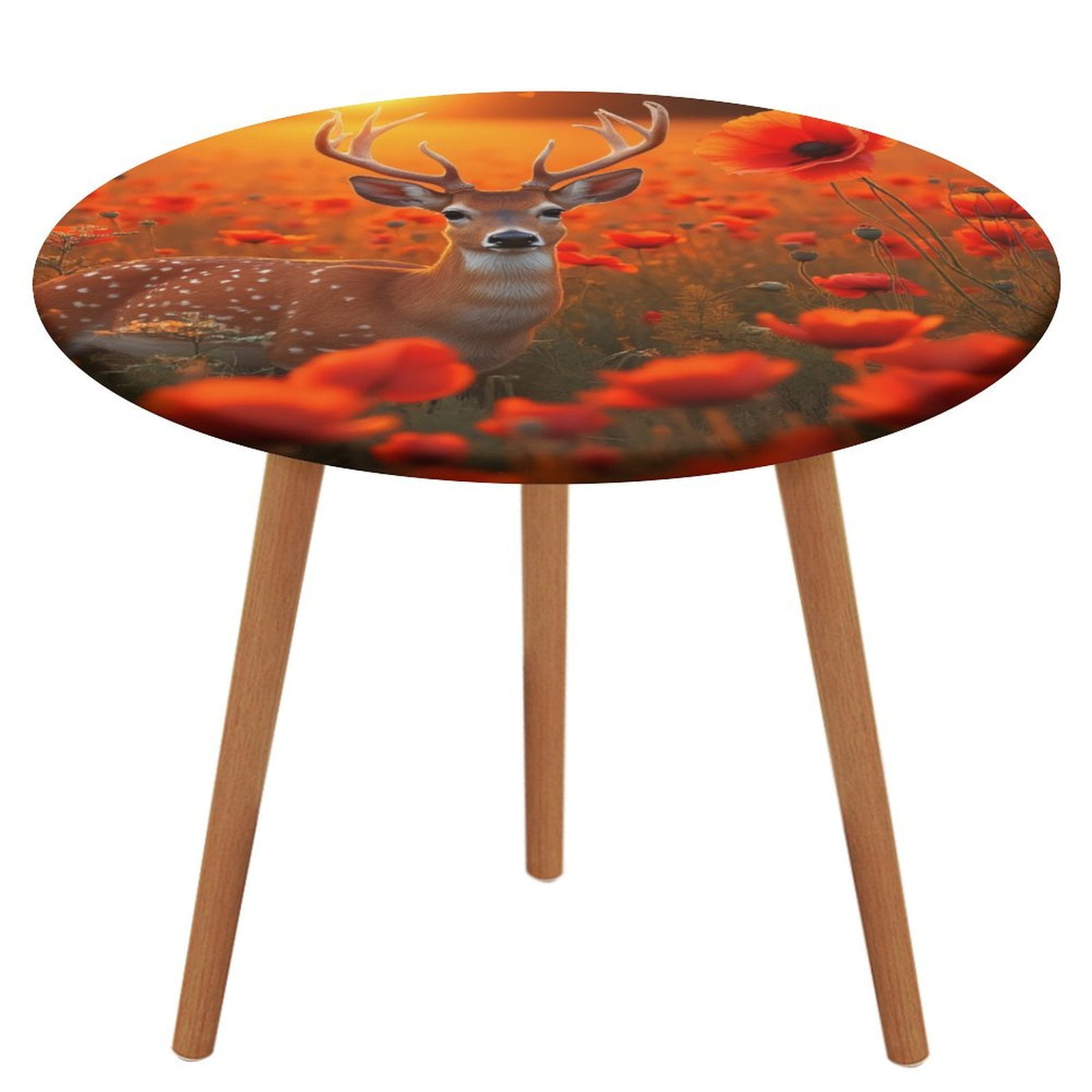 Deer in Poppy Field at Sunset Pattern Round Tablecloth Waterproof Elastic Table Clothes for ...