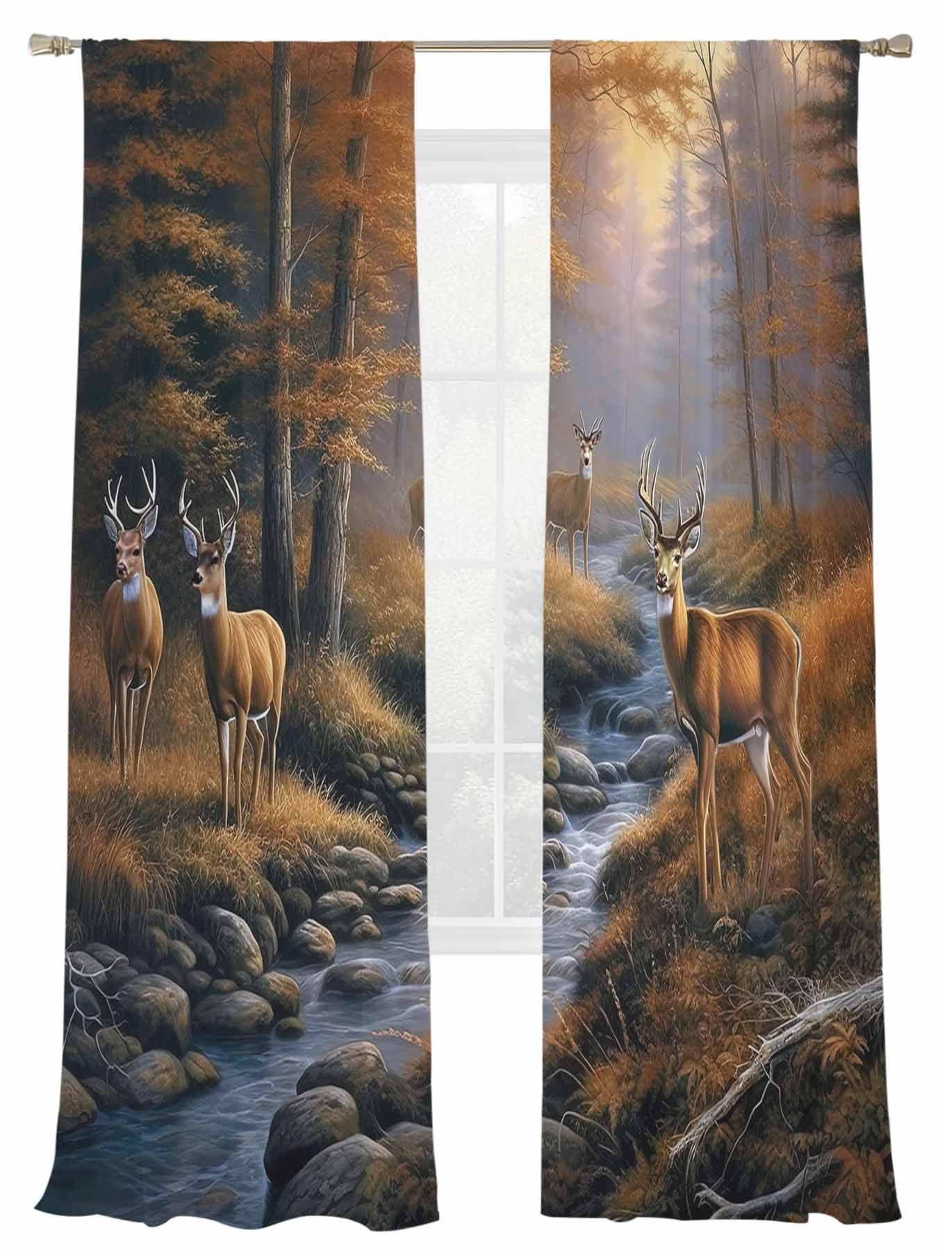 Deer in Sheer Curtains 2 Panels Set Sunset Forest Sheer Window Curtains ...