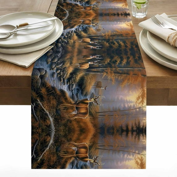 Deer in Table Runner 13x72 inch Sunset Forest Cotton Linen Dining Table ...