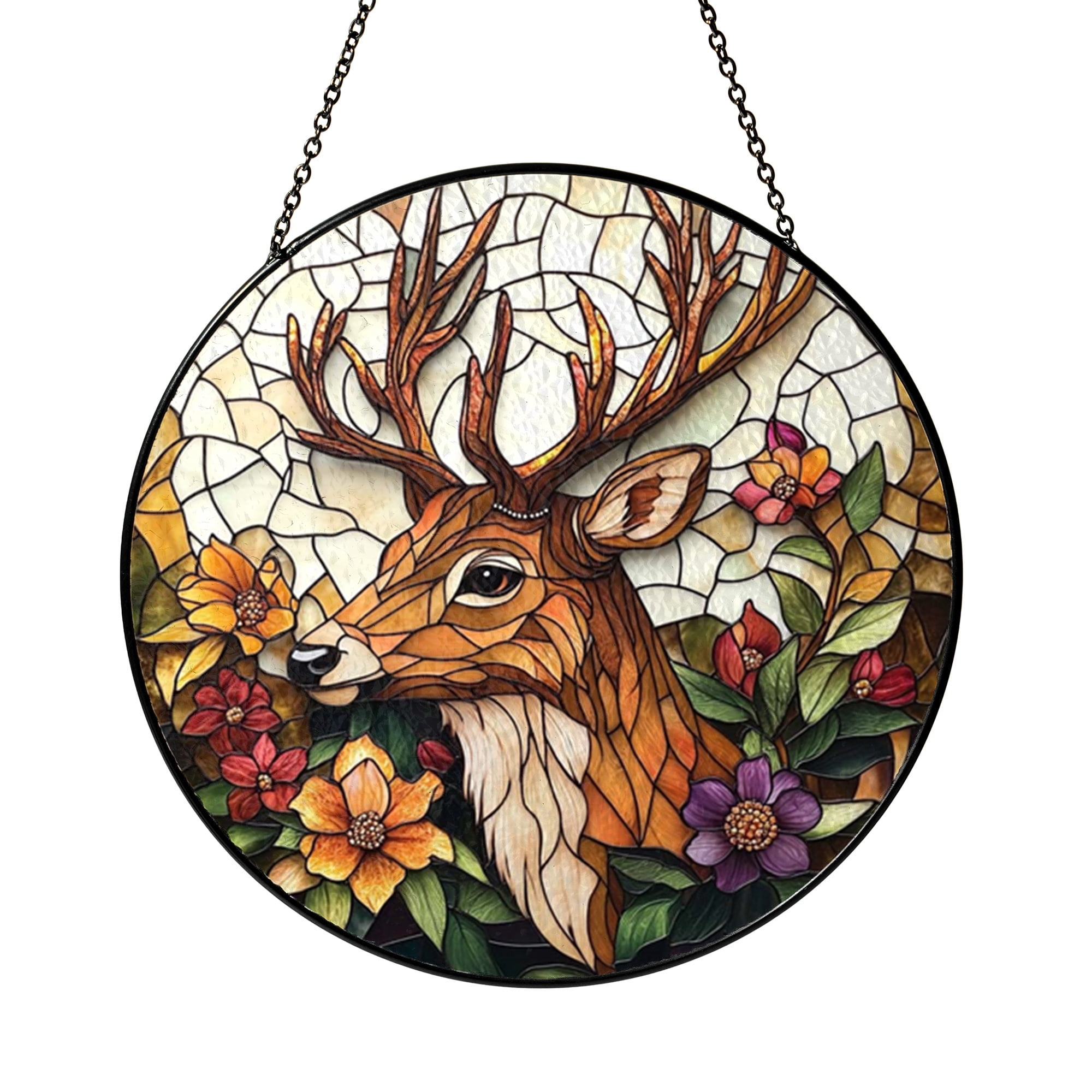 Deer in Wildflowers Stained Glass Style Suncatcher – Round Window ...