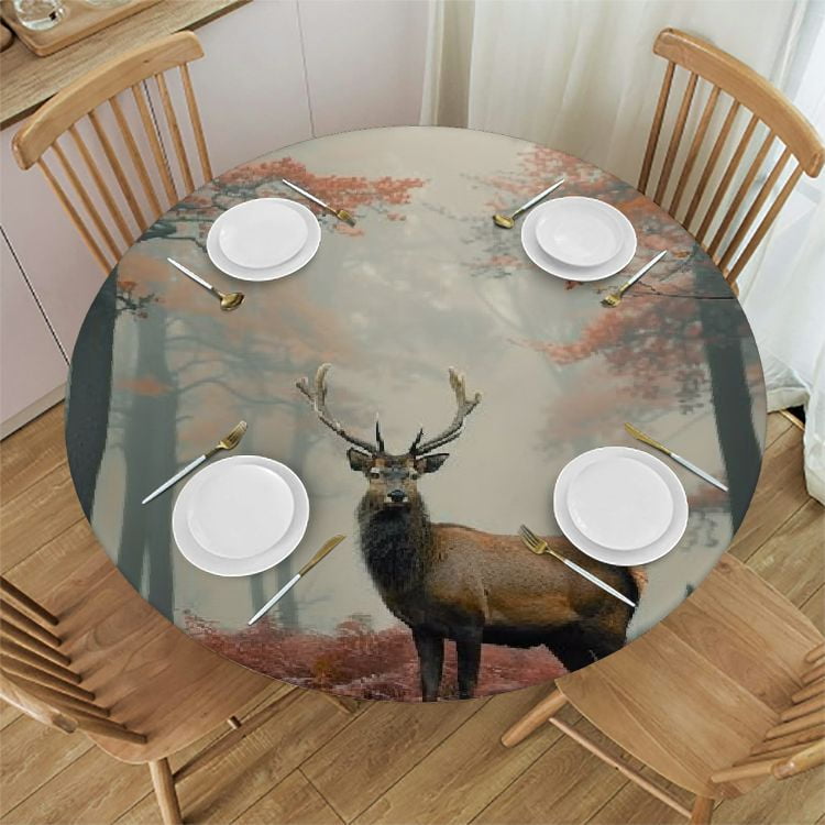 Deer in the red autumn mist forest, round vinyl tabletop cloth, elastic ...