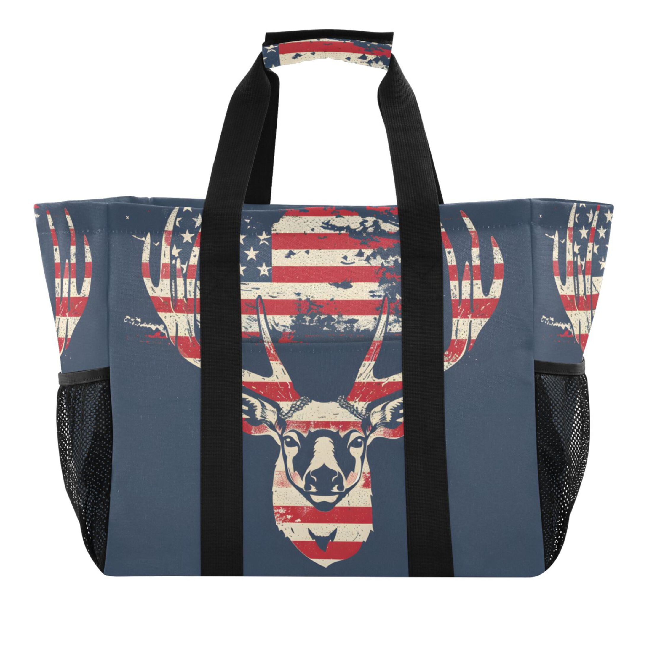 Deer with American Flag Reusable Grocery Bags with Handle Side Pocket ...