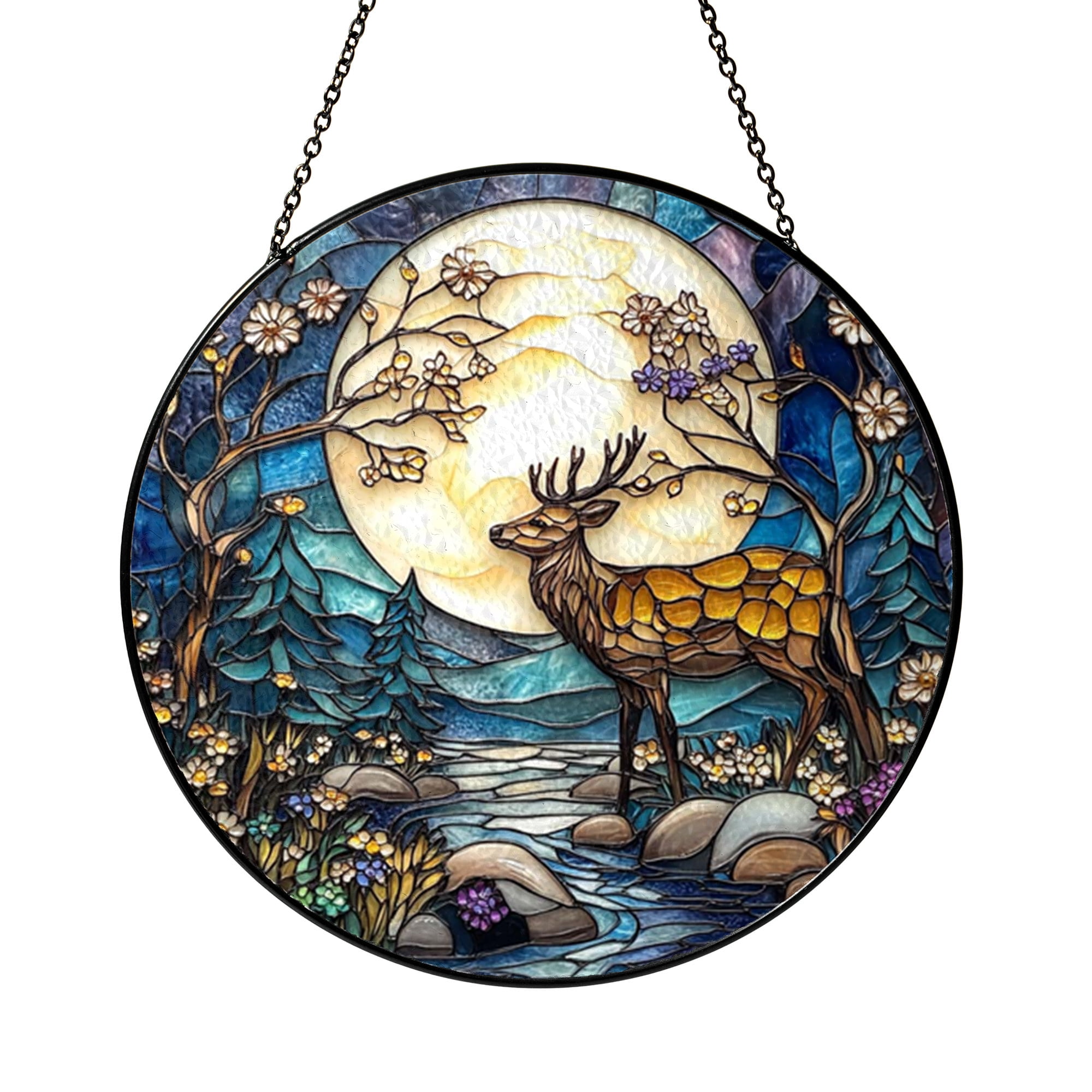 Deer with Floral Landscape Acrylic Suncatcher, Stained Glass Style ...