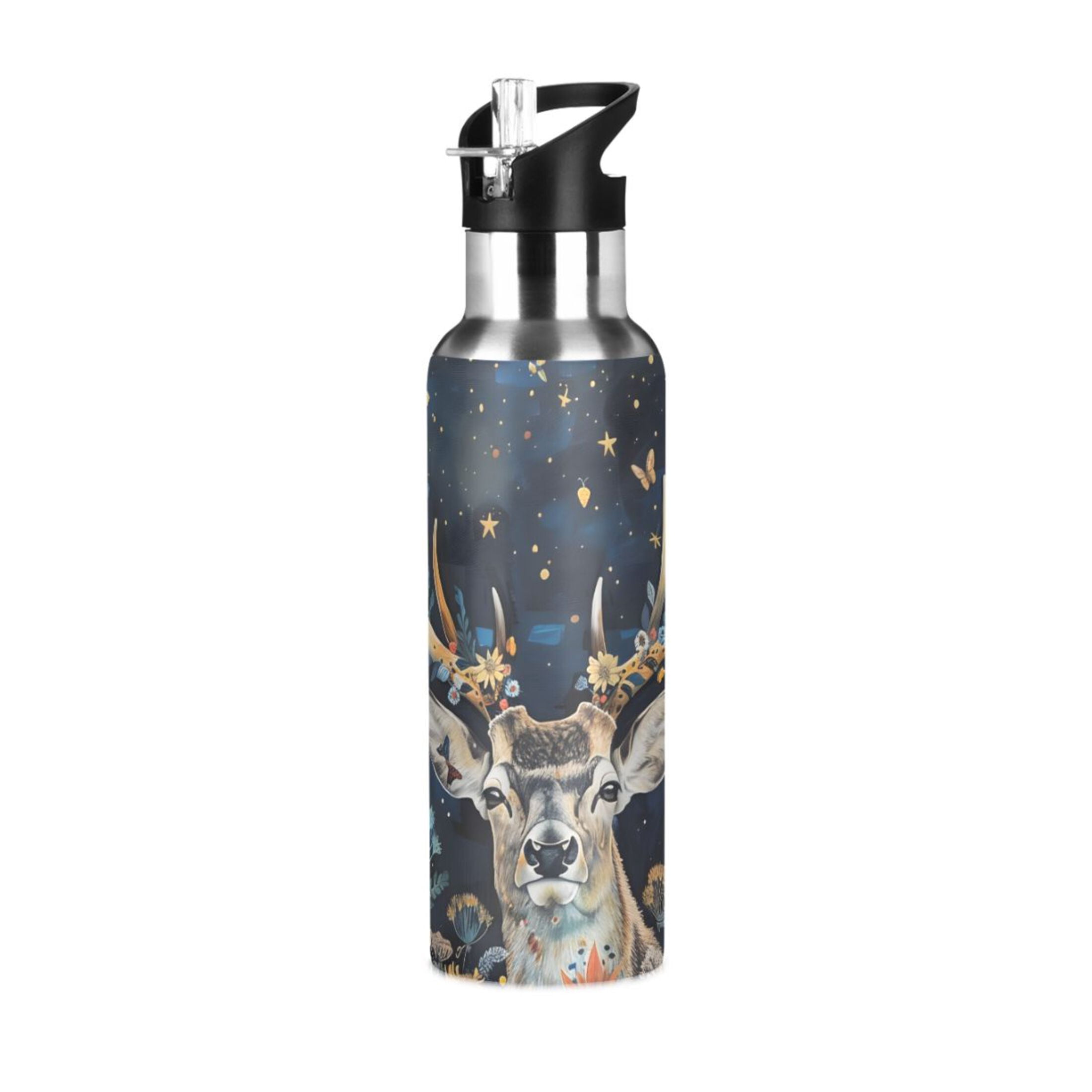 Deer with Flowers Butterflies Leaves Sports Bottle with Straw Stainless ...