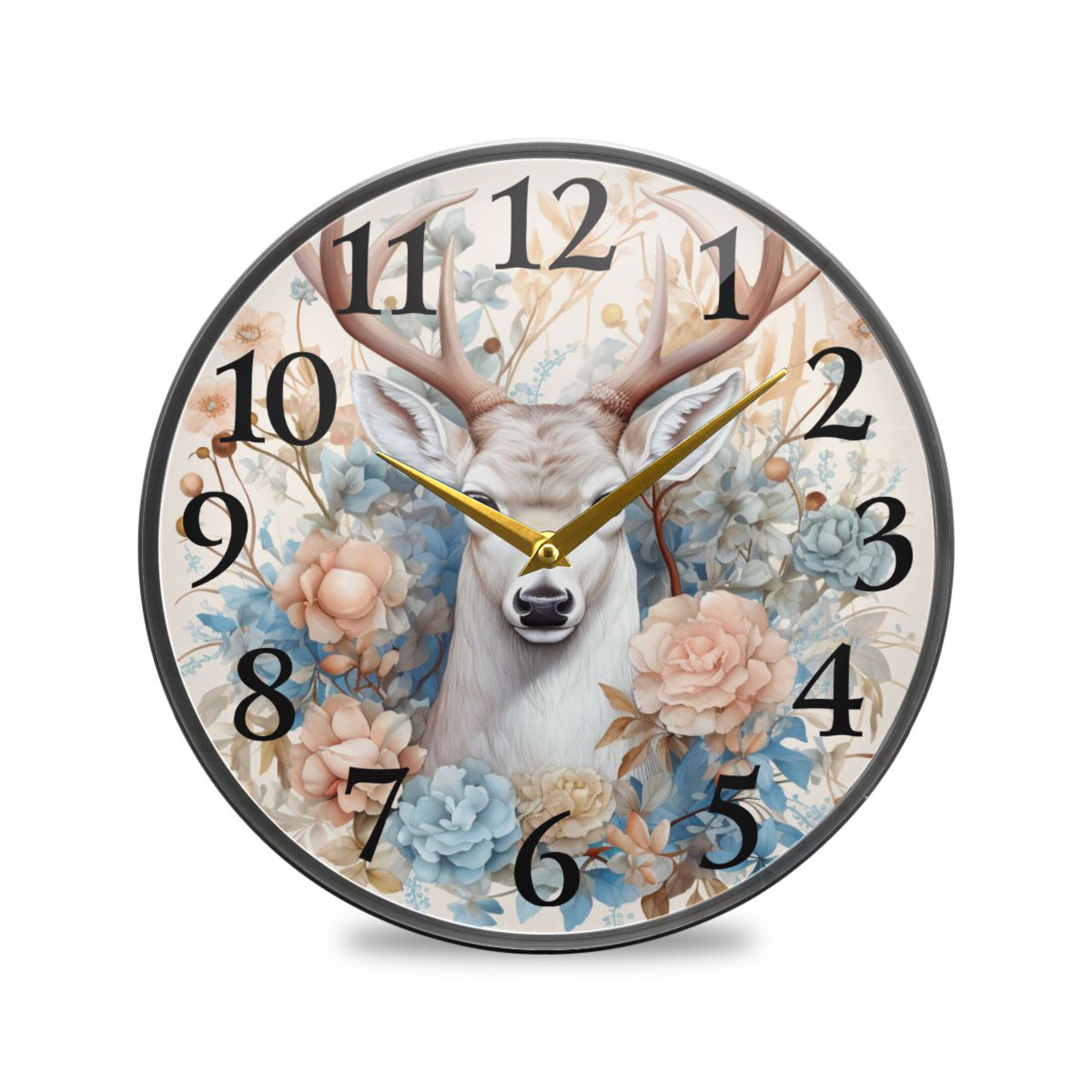 Deer with Flowers Wall Clocks Battery Operated 9.5 Inch Round Clock ...