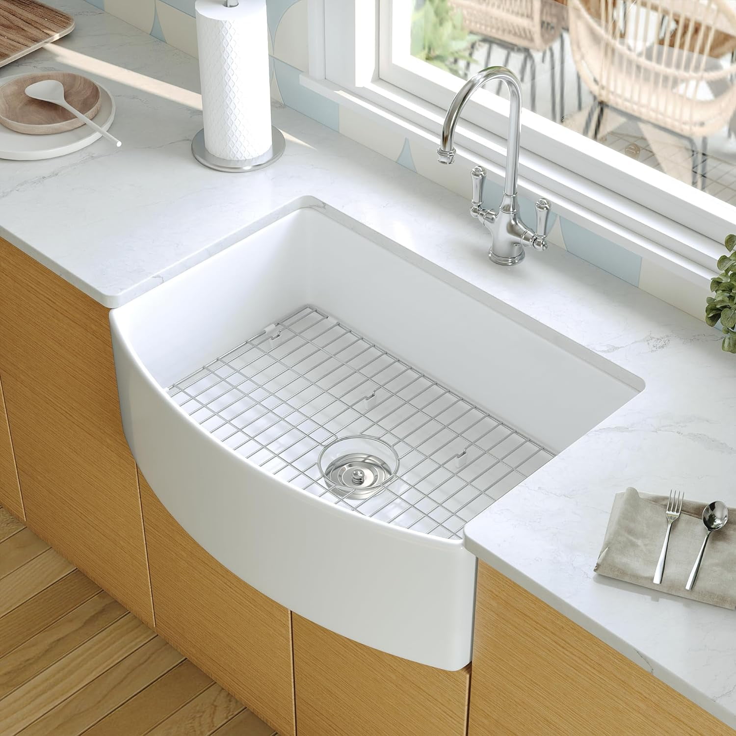 DeerValley Fireclay Single Bowl Kitchen Sink Grove Arch Edge Curved ...