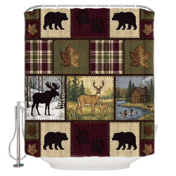 Deers Bears Silhouettes Bathroom Shower Curtains with 12 Hooks ...