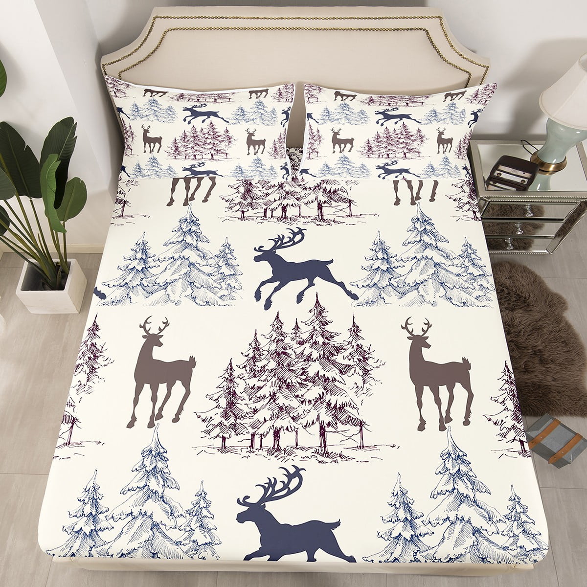 Deers Fitted Sheet Full Size, Christmas Trees Bed Sheets, Xmas Winter ...