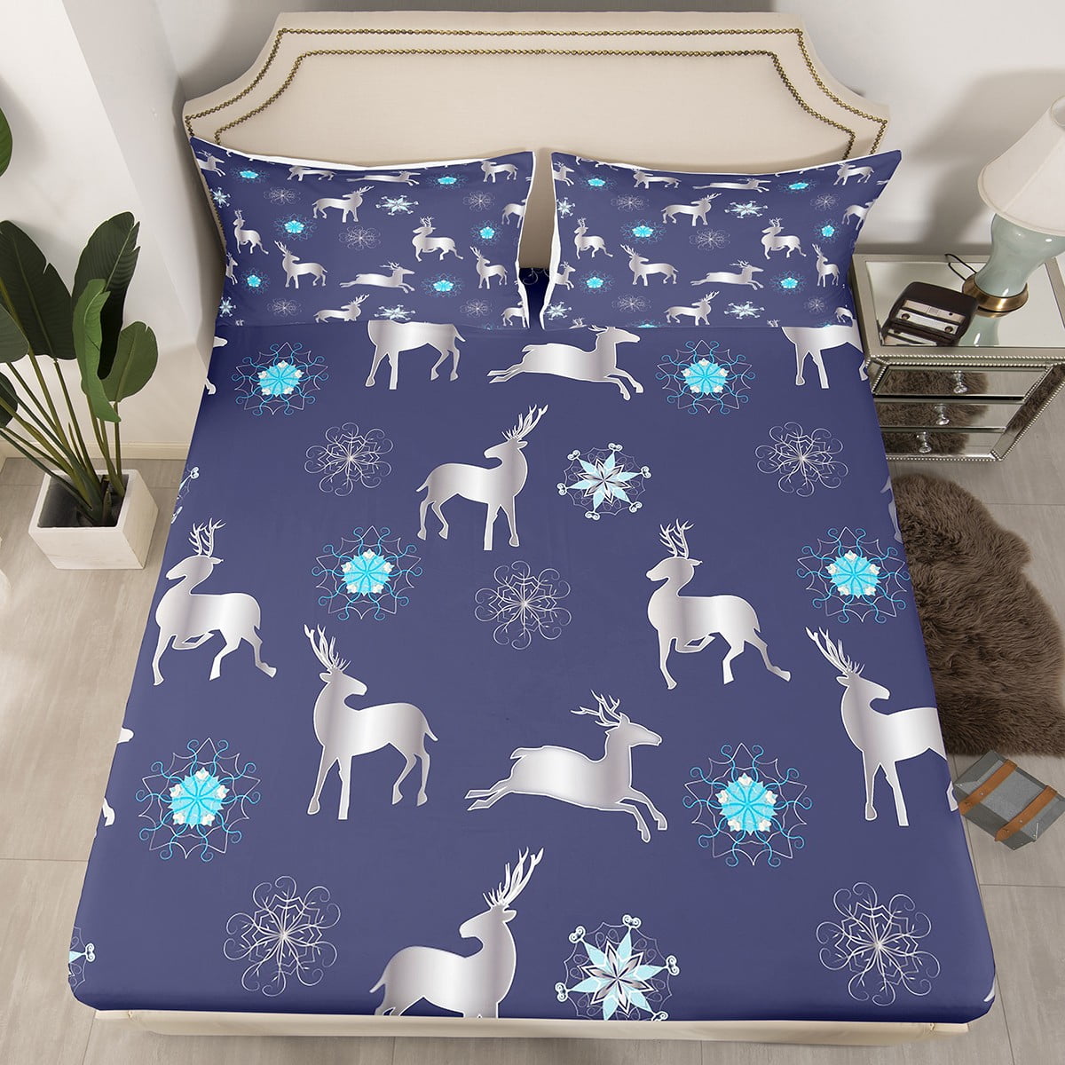 Deers Fitted Sheet Twin Size, Snowflakes Bed Sheets, Merry Christmas ...
