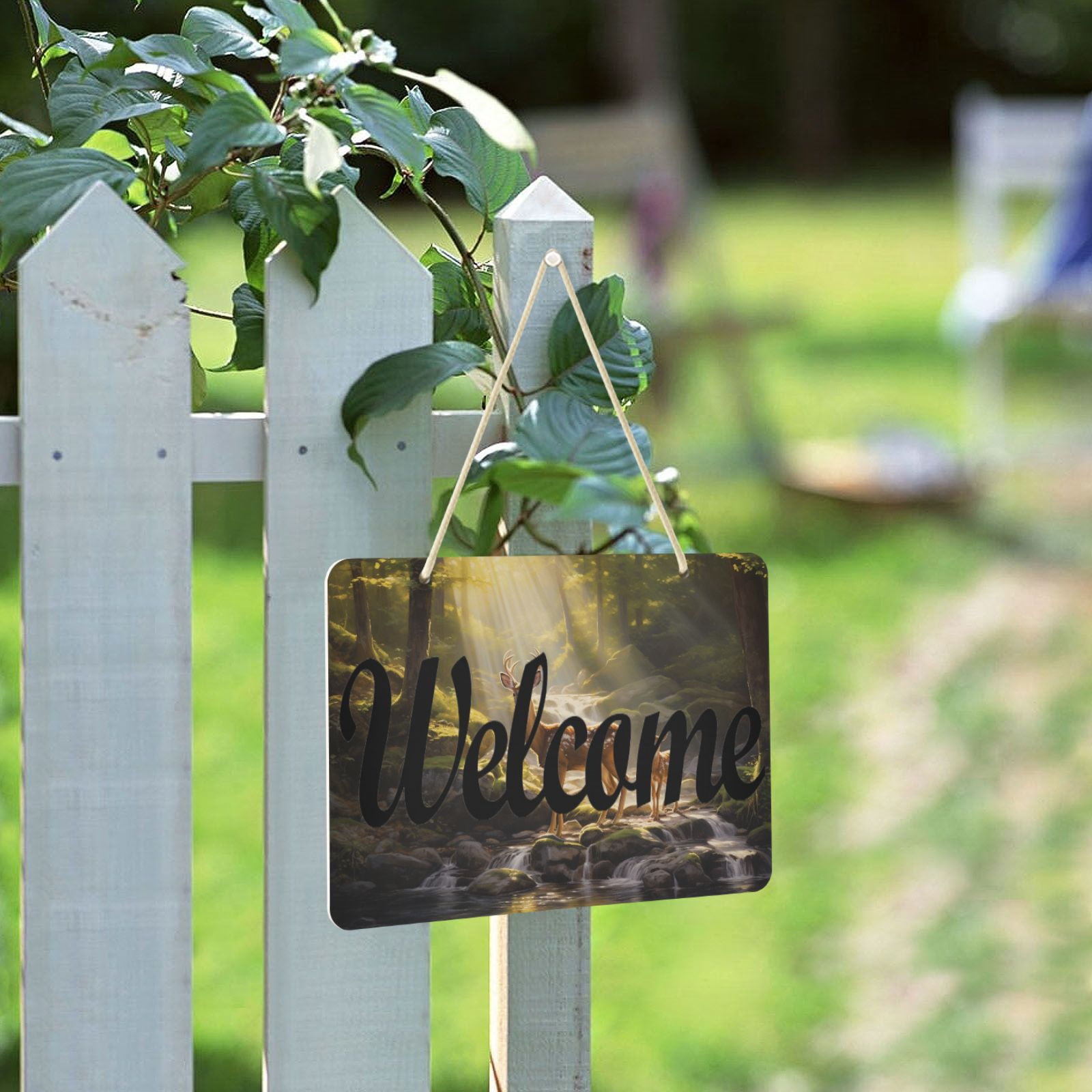 Deers Forest Trees Lake Welcome Sign for Front Door Porch Wreath Door ...
