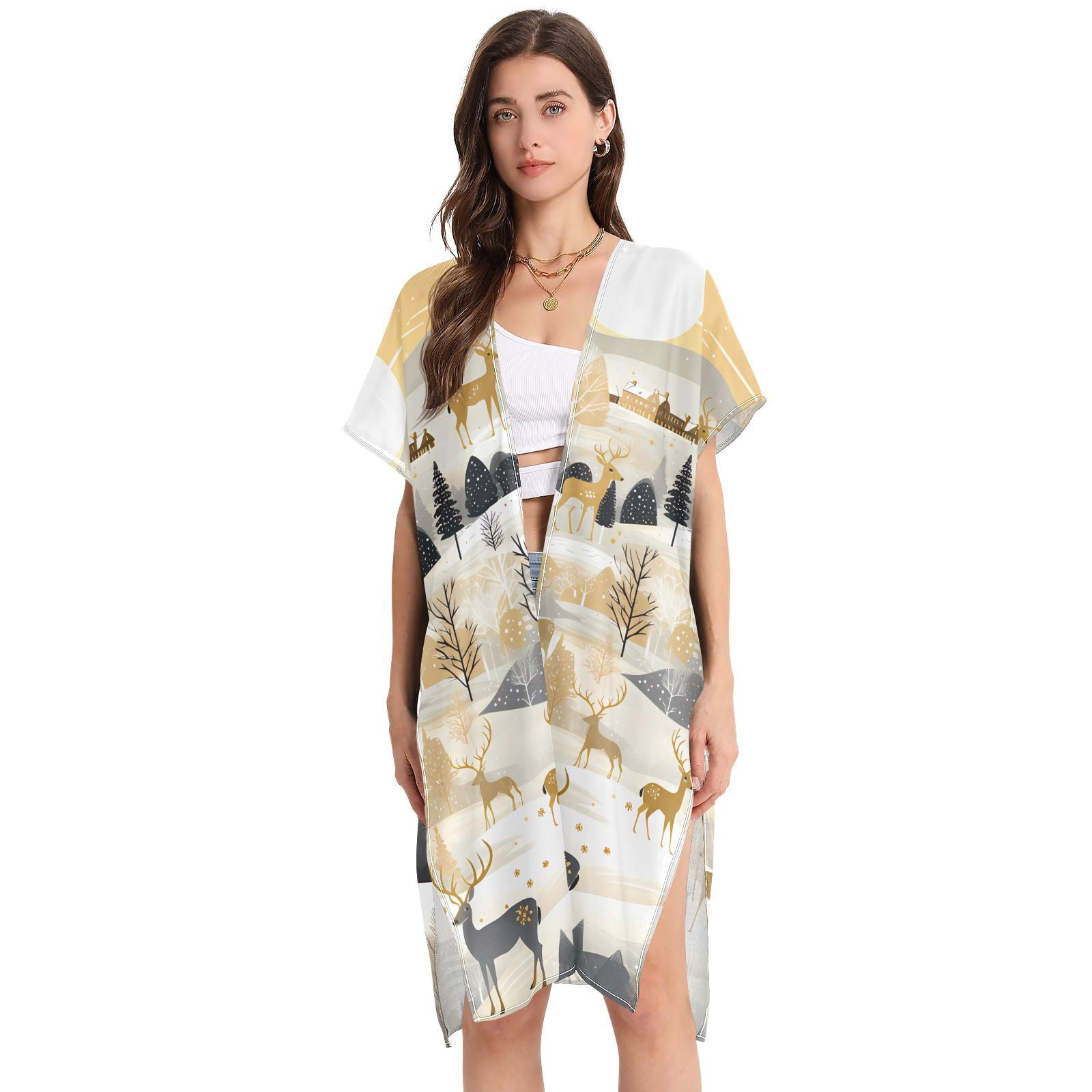 Deers Pines Trees Sun Women Swimsuit Cover up V Neck Beach Dress Short ...