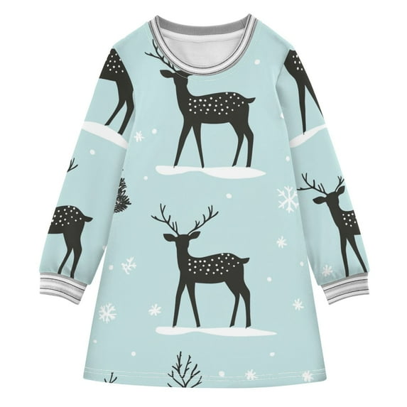 Deers Trees Snowflakes Long-sleeved Dress A-line One-Piece Dress for 2 ...