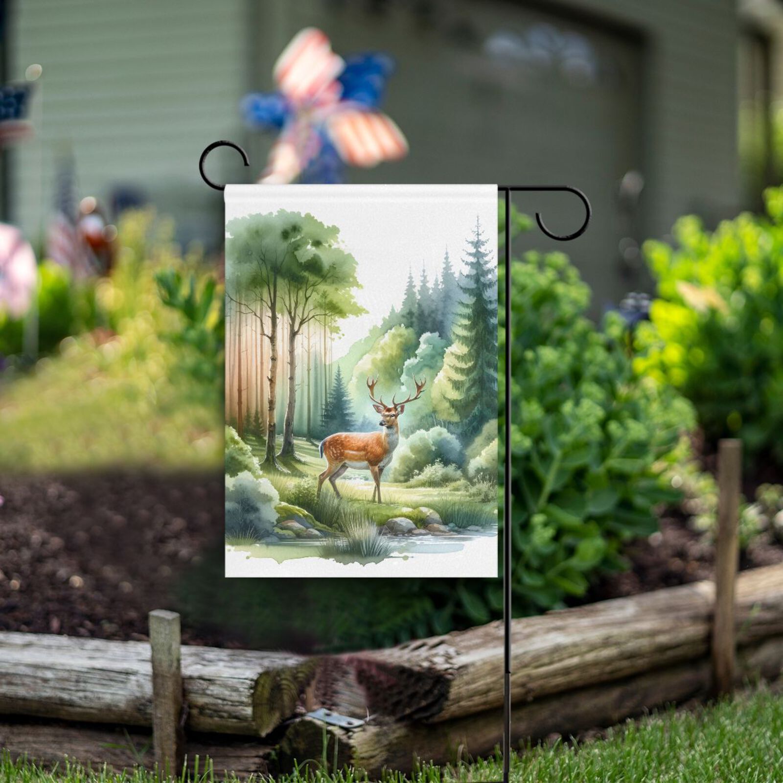 Deers on Forest Garden Flag Double Sided Outdoor Banners for Courtyard ...