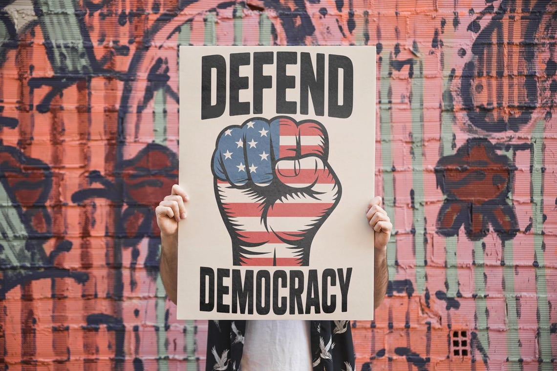 Defend Democracy Poster Printable, Raised Fist American Flag Wall Art ...