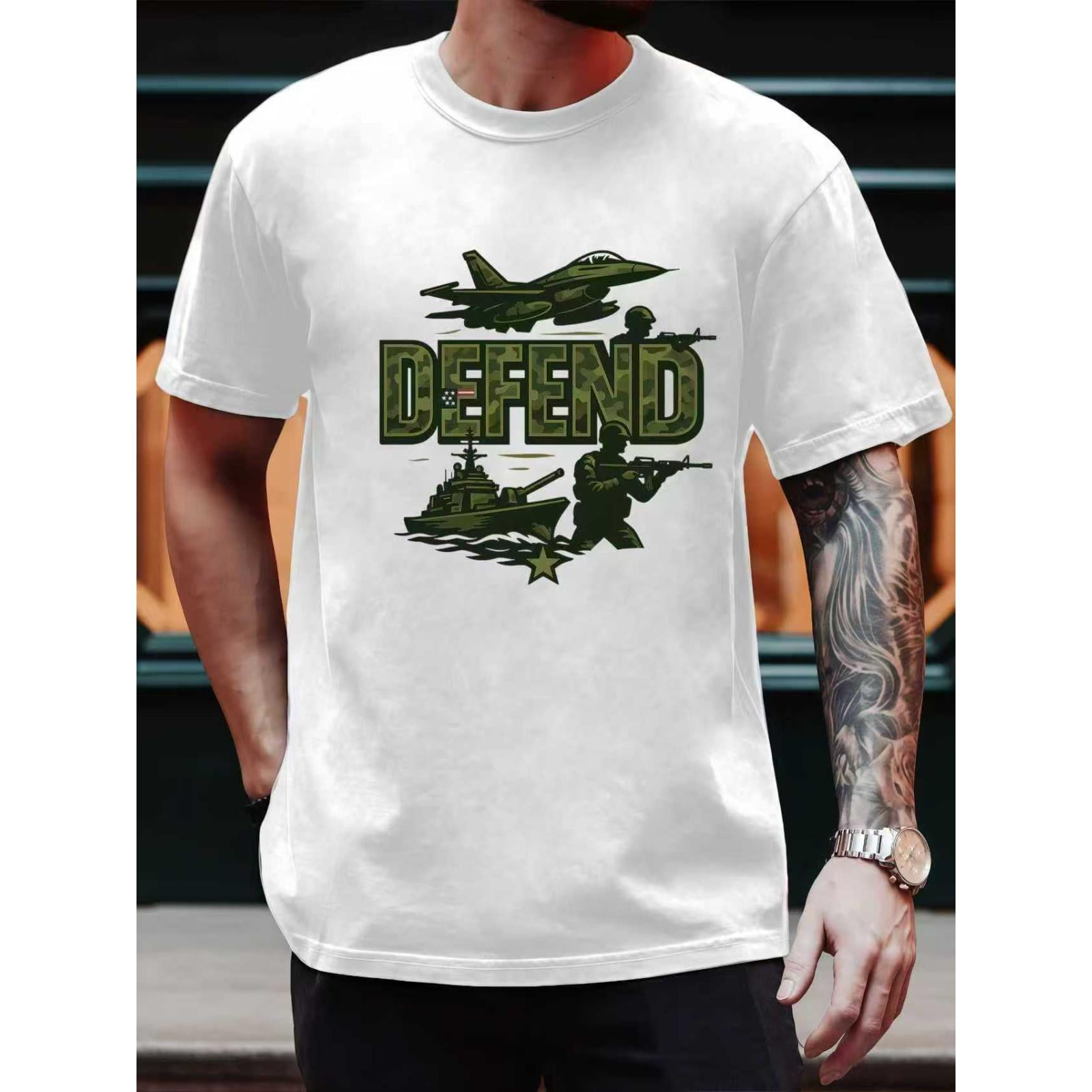 Defend Military Graphic Tee Green Text Design Jet Ship Soldier ...