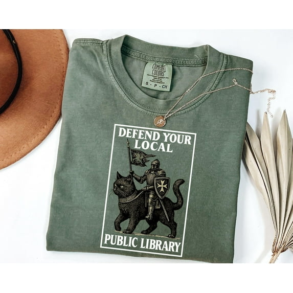 Defend Your Local Library Shirt, Funny Knight Cat Tee, Book Lover Gift ...